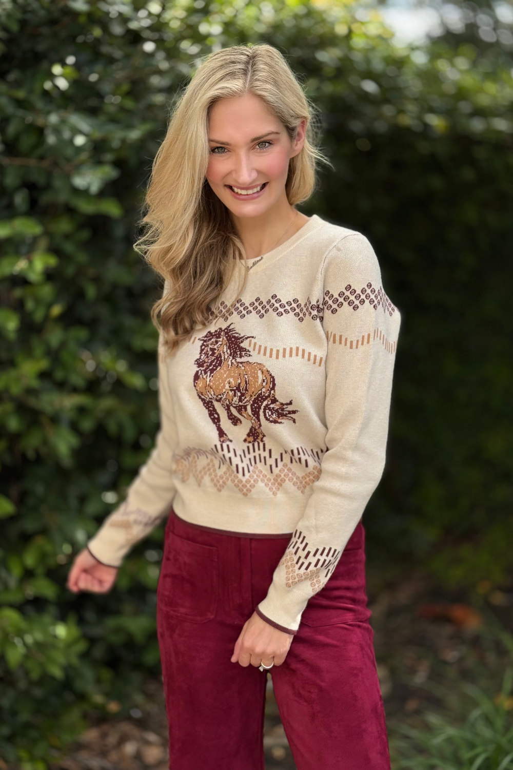 Western Horse Motif Knit Sweater | Ivory Camel Western-Inspired ...