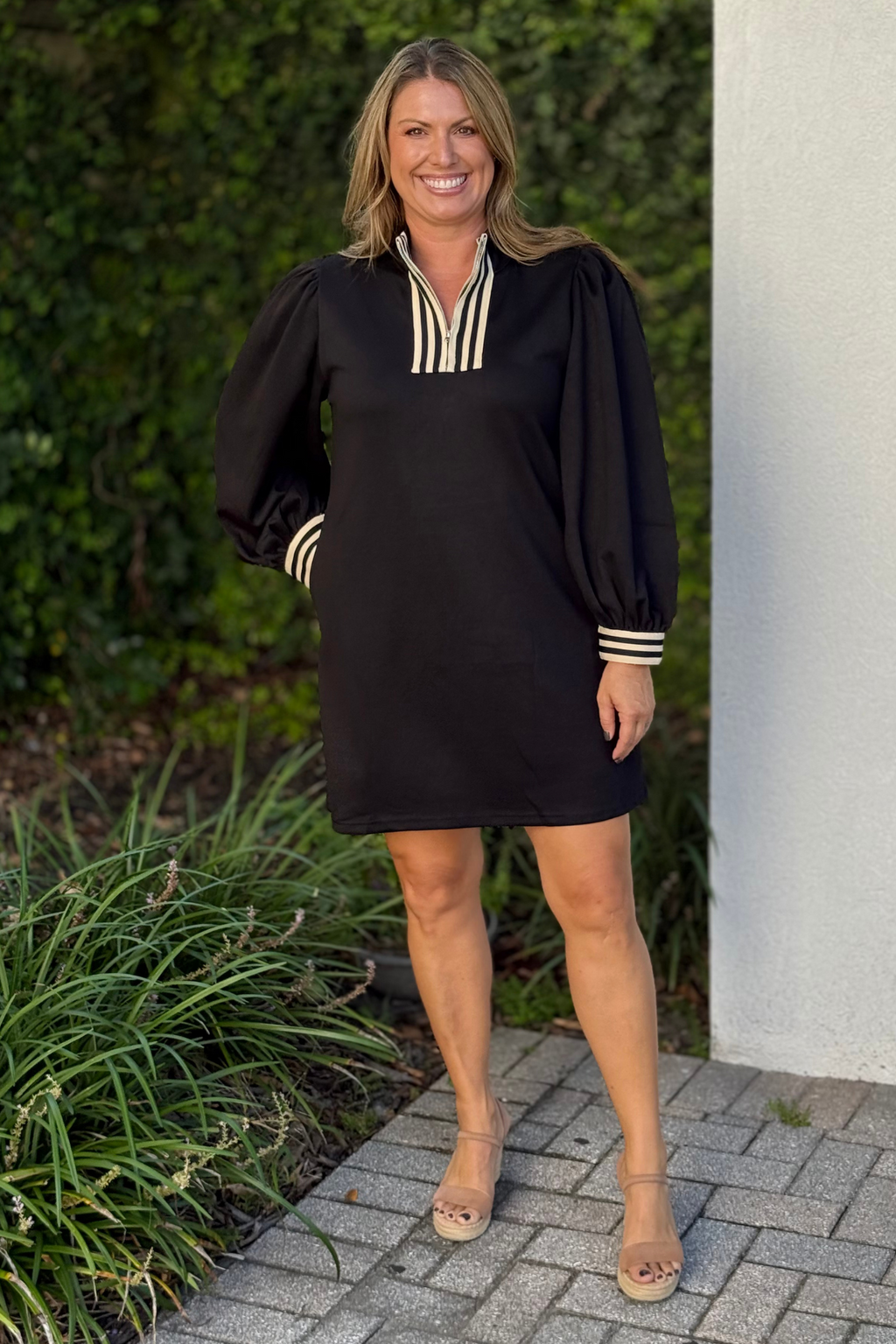 City Stripe Zip Mock Dress – Black | Casual Zip Front Dress with ...