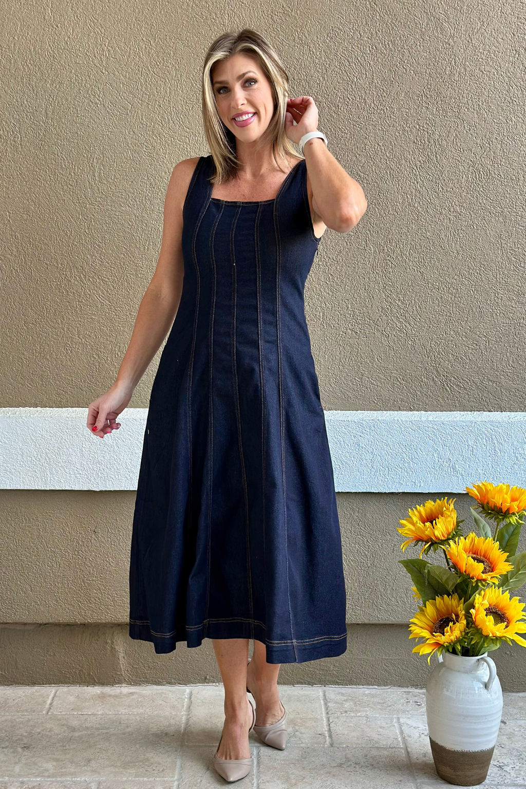 Order Liverpool Indigo Rinse Smocked Back Midi Dress Online | The Pink ...