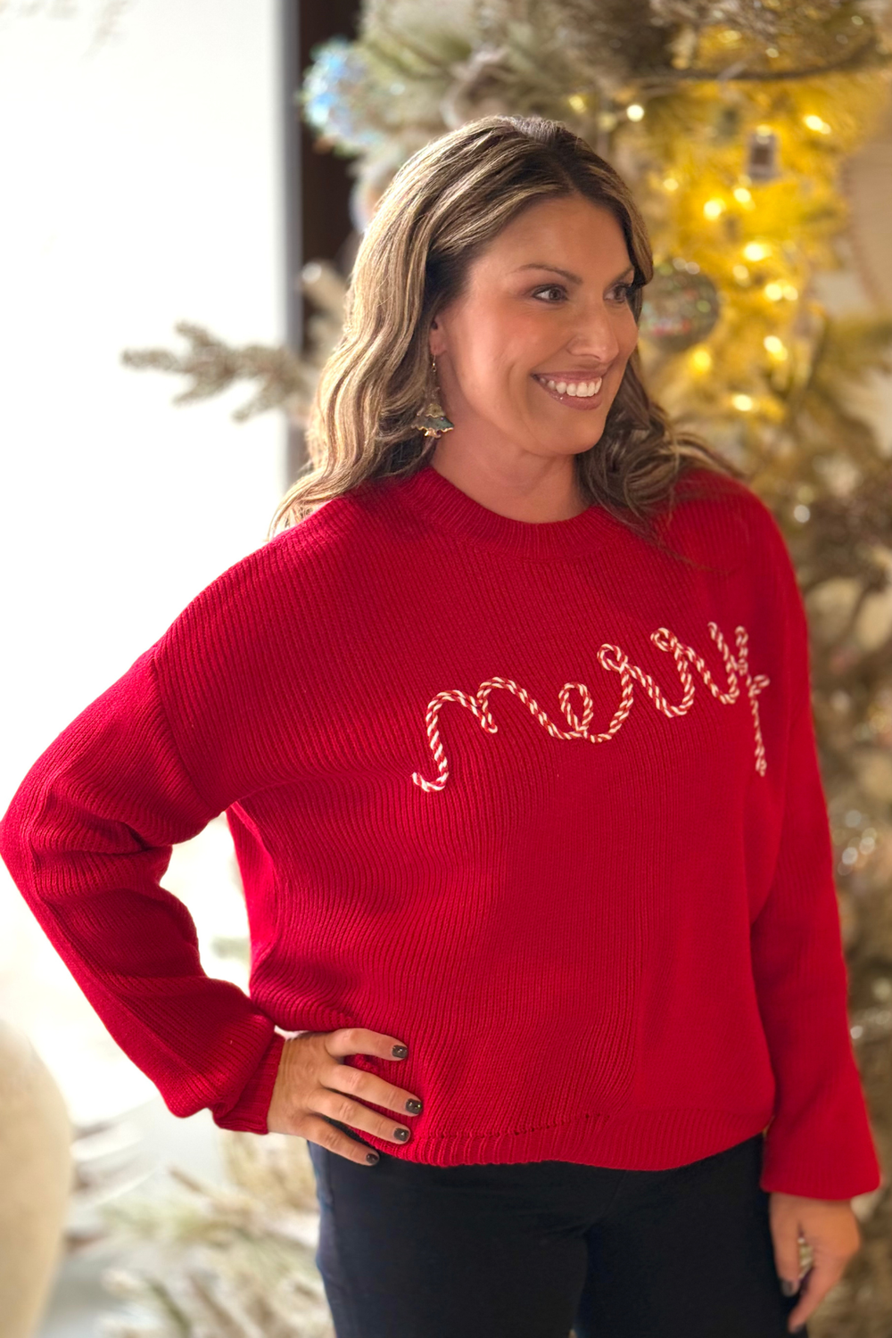 Candy Cane Merry Sweater | Festive Red Knit – Women's Clothing Boutique ...
