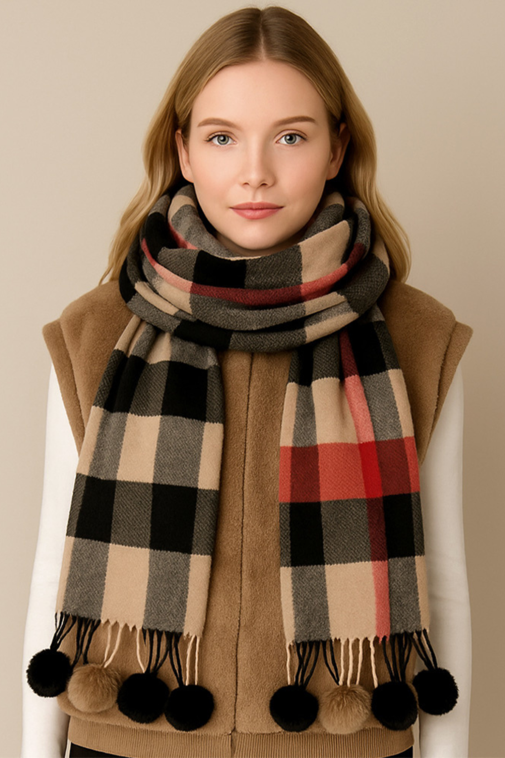 Cozy Check Pom Scarf – Plaid Pom-Pom Tassel Winter Wrap – Women's ...