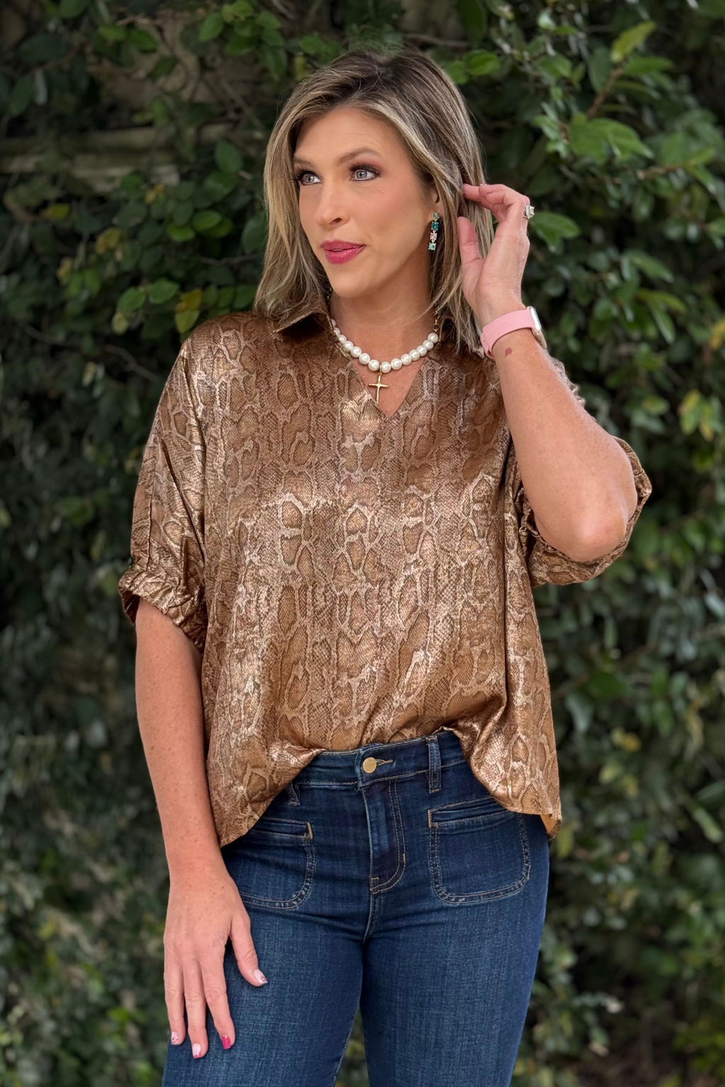 The Milan Snakeskin Shimmer Top | Gold & Pearl Snakeskin Blouse | The ...